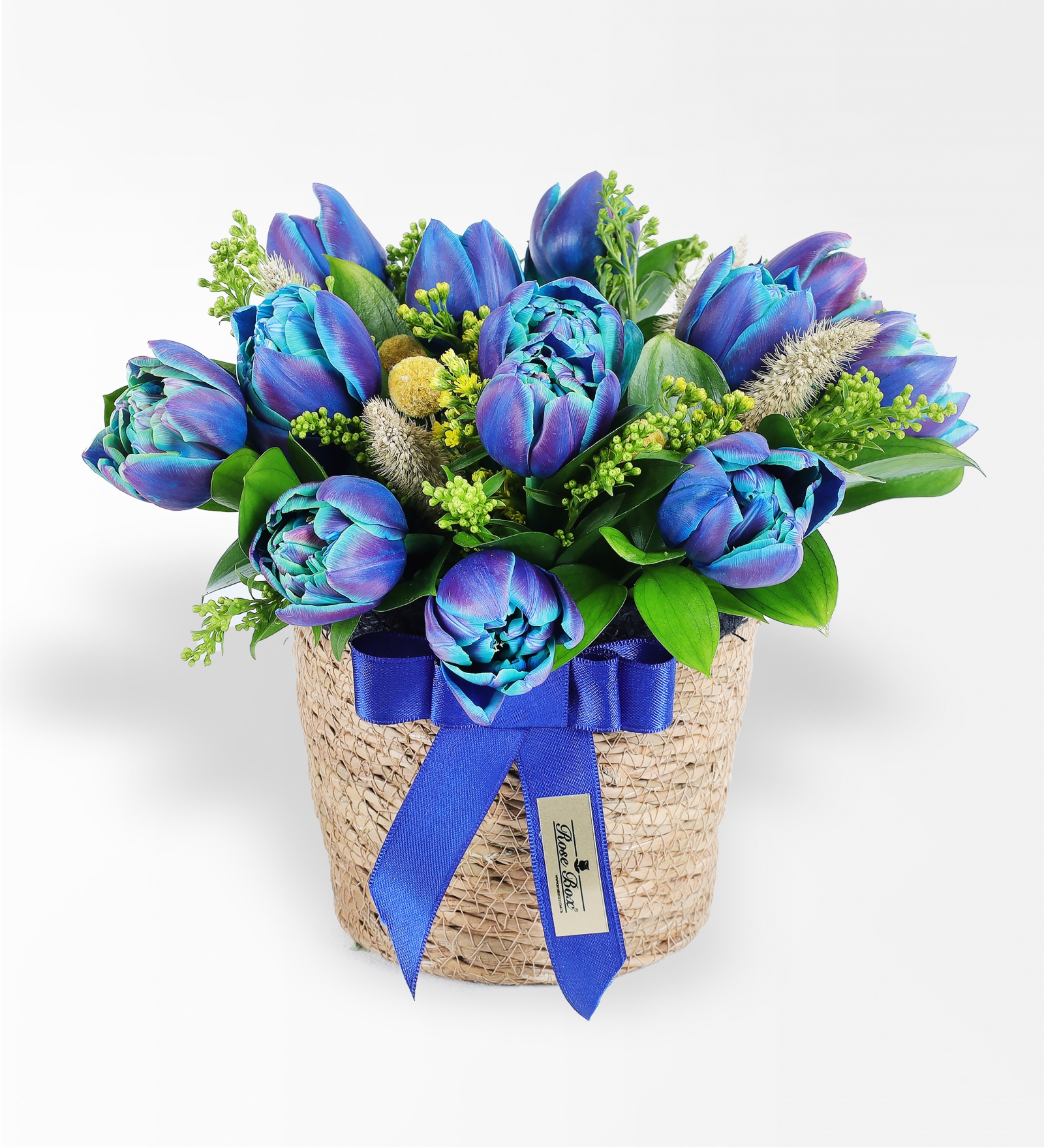 Hasır Sepette Galaxy Mavi Lale Aranjmanı